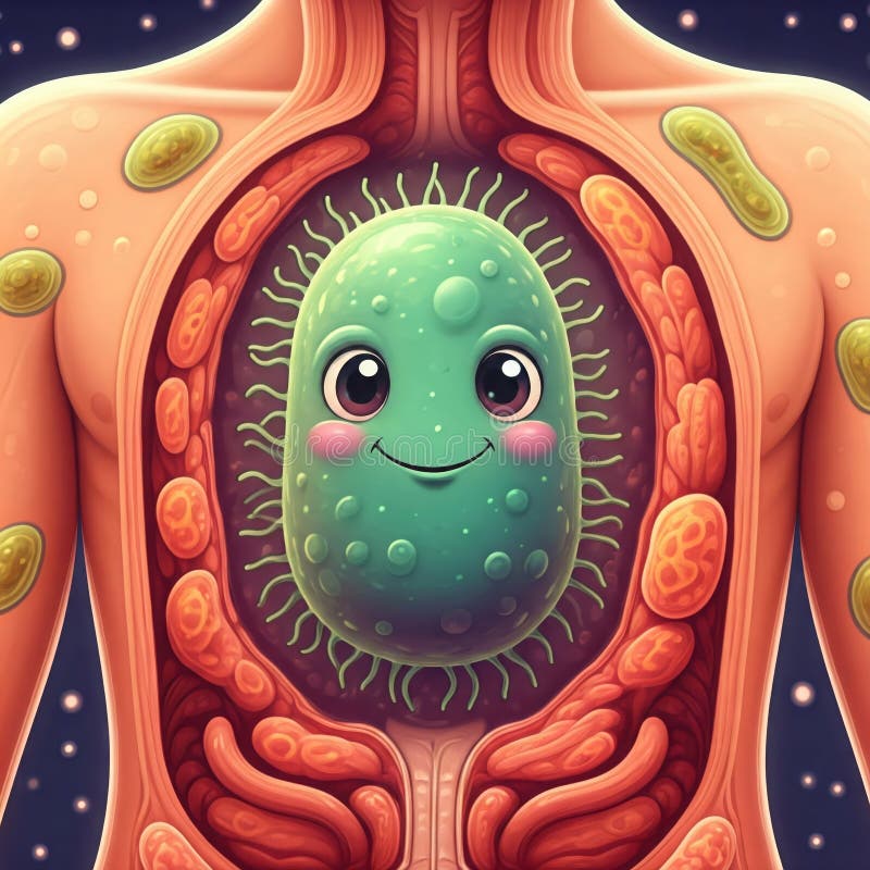 Cute Microbe Character in Human Digestive System with Cartoon Anatomy ...