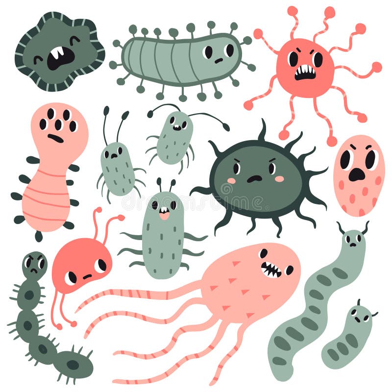 Cute Microbe Characters Collection Stock Vector - Illustration of ...
