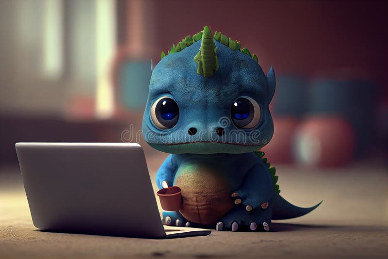Cute Mini Dinosaur with Computer Gamer Video Stock Illustration ...