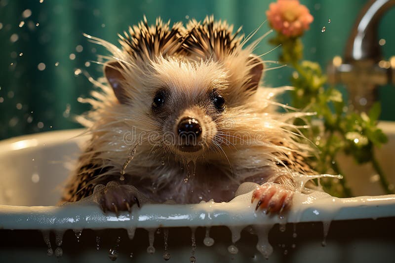 Cute Mini Hedgehog is Taking a Bath in the Tub with Foaming Soap Looks ...
