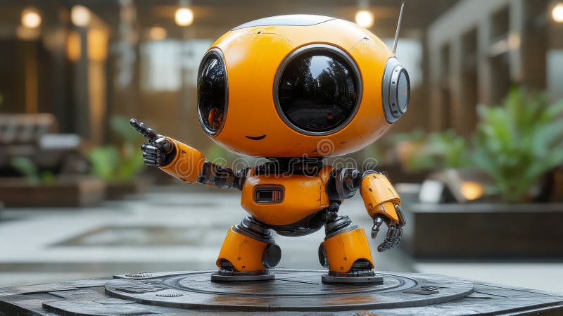A Cute Mini Robot with Glowing Eyes and a Cheerful Expression, Pointing ...