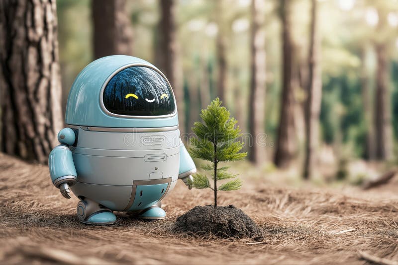 Cute Mini Robot Plants a Sprout of Tree Plant in Forest in Nature ...