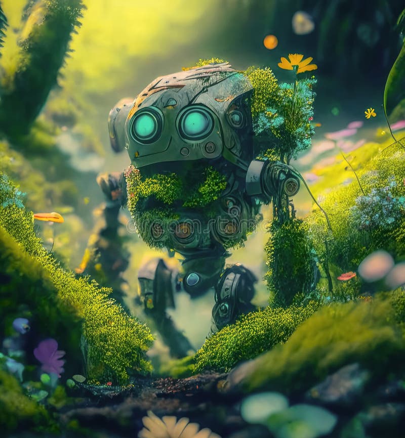 A Cute Modern Robot Walks Along a Path in the Forest. Stock ...