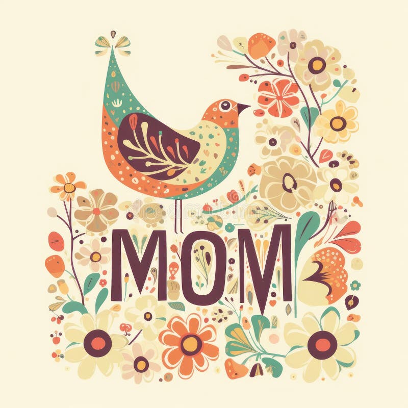 Cute Mom Illustration with Flowers and Bird. Illustration AI Generative ...