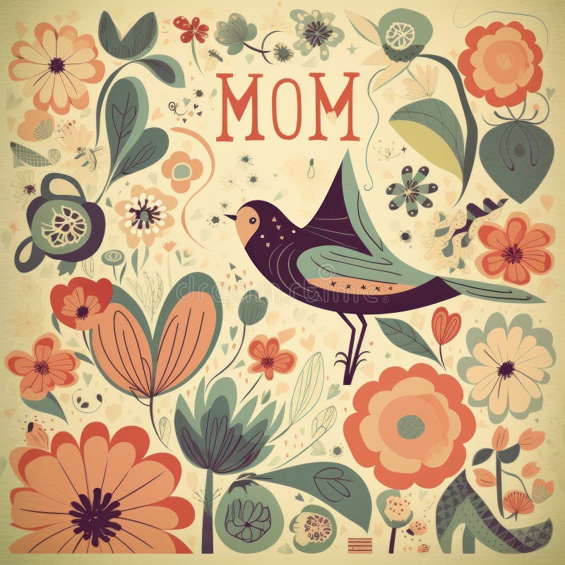 Cute Mom Illustration with Flowers and Bird. Illustration AI Generative ...
