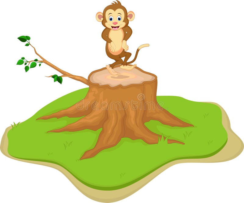 Cute Monkey Cartoon on Tree Stump Stock Illustration - Illustration of ...