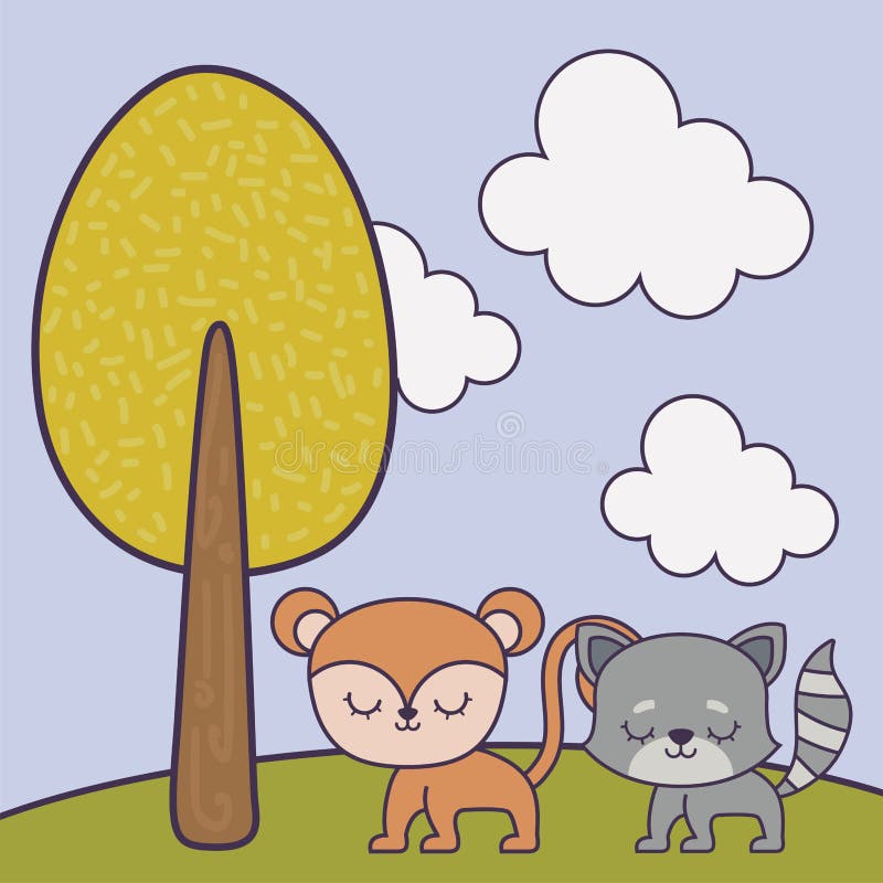 Cute Monkey and Cat Animals in Landscape Stock Illustration ...