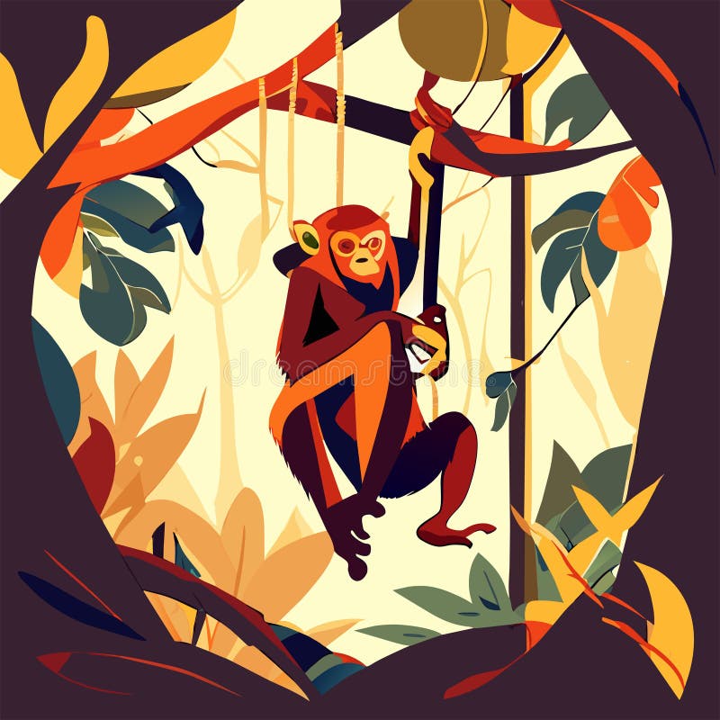 Cute Monkey Climbing on a Tree in the Jungle. Vector Illustration ...