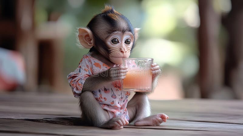 A Cute Monkey Dons a Tropical Shirt while Drinking Juice in the Jungle ...