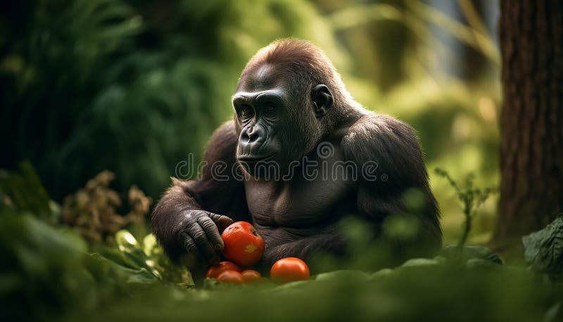 Cute Monkey Eating Tomato, Sitting in Green Forest, Looking at Camera ...