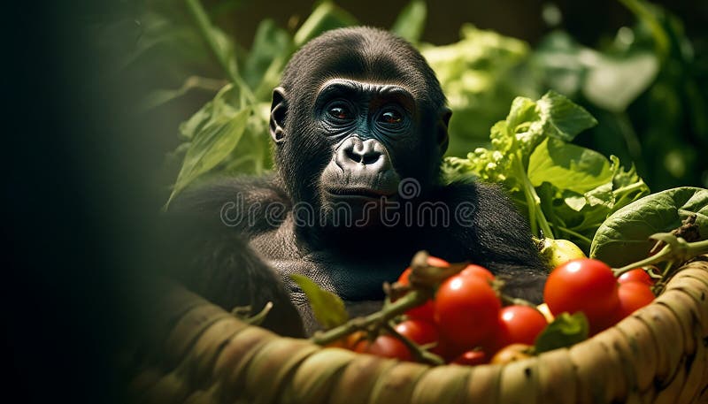 Cute Monkey Eating Tomato in Tropical Rainforest, Looking at Camera ...