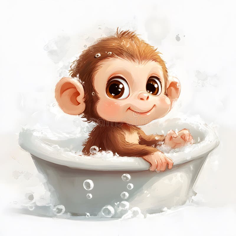 Cute Monkey Enjoying a Bubble Bath in a Small Tub Surrounded by Foam ...