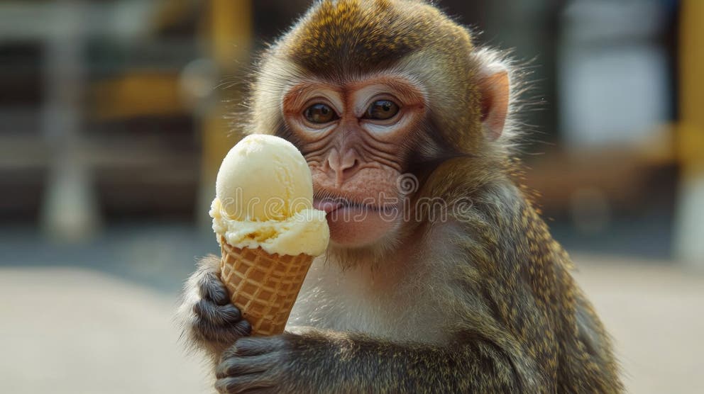 Cute Monkey Enjoying Vanilla Ice Cream Cone Stock Illustration ...