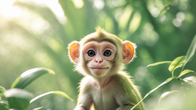Cute Monkey with Expressive Eyes Posing in Lush Green Surroundings ...
