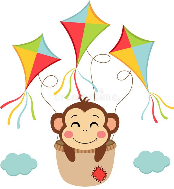 Cute Monkey Flying Inside Basket with Kites Stock Vector - Illustration ...