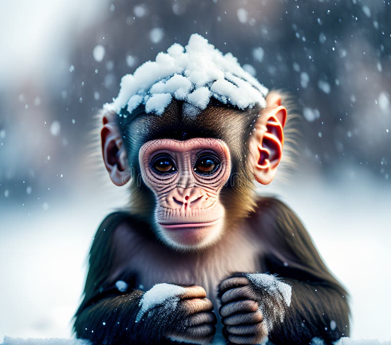 Cute Monkey Freezing Outdoors on Cold Winter Day, Generative AI ...