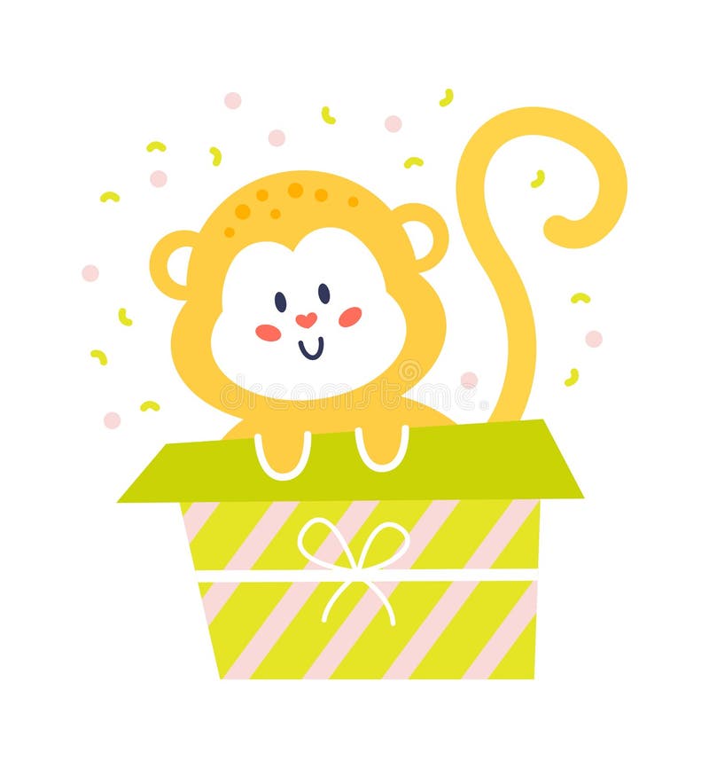 Cute Monkey in Gift Box Childish Design Stock Vector - Illustration of ...