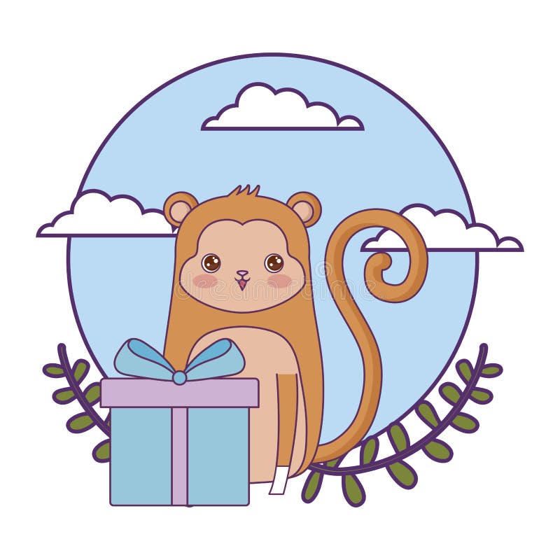 Cute Monkey with Gift Box and Crown Leafs Stock Illustration ...