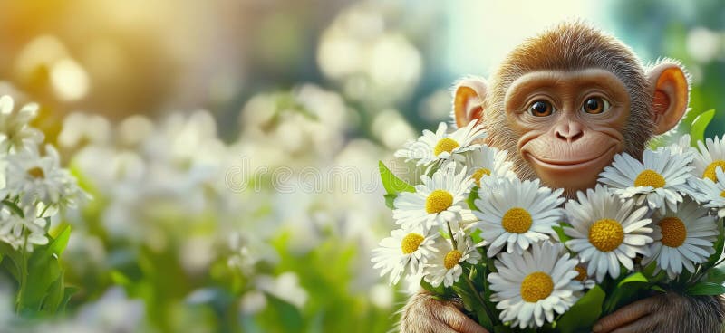Cute Monkey Holding Bouquet Daisies Vibrant Flower Field Stock Photos ...