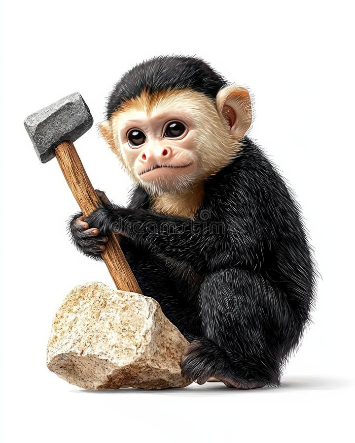 A Cute Monkey Holding a Hammer and Stone Showcasing Creativity and ...