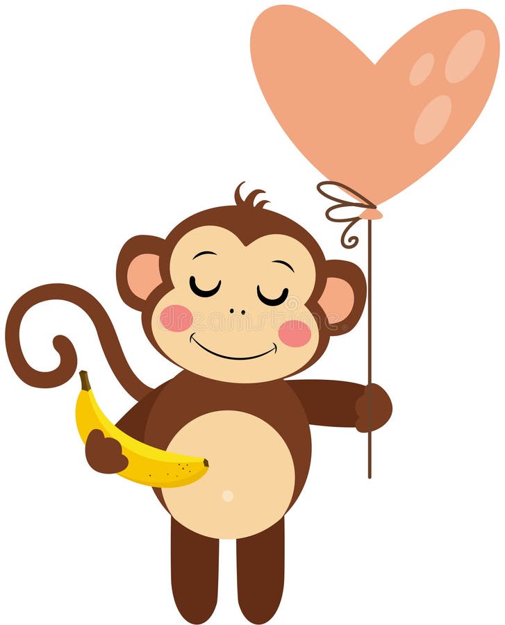 Cute Monkey Holding a Heart Balloon and a Banana Stock Vector ...