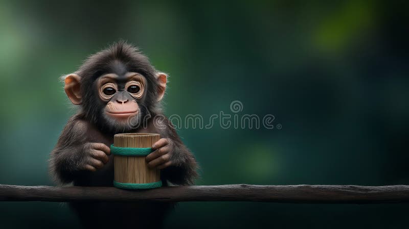 Cute Monkey Holding a Small Wooden Container in a Jungle Setting Stock ...