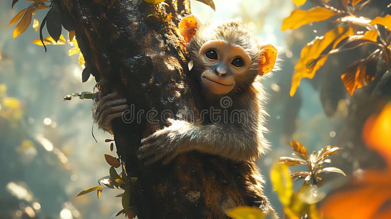 Cute Monkey Hugging Tree, Jungle, Sunrise, Nature Stock Illustration ...