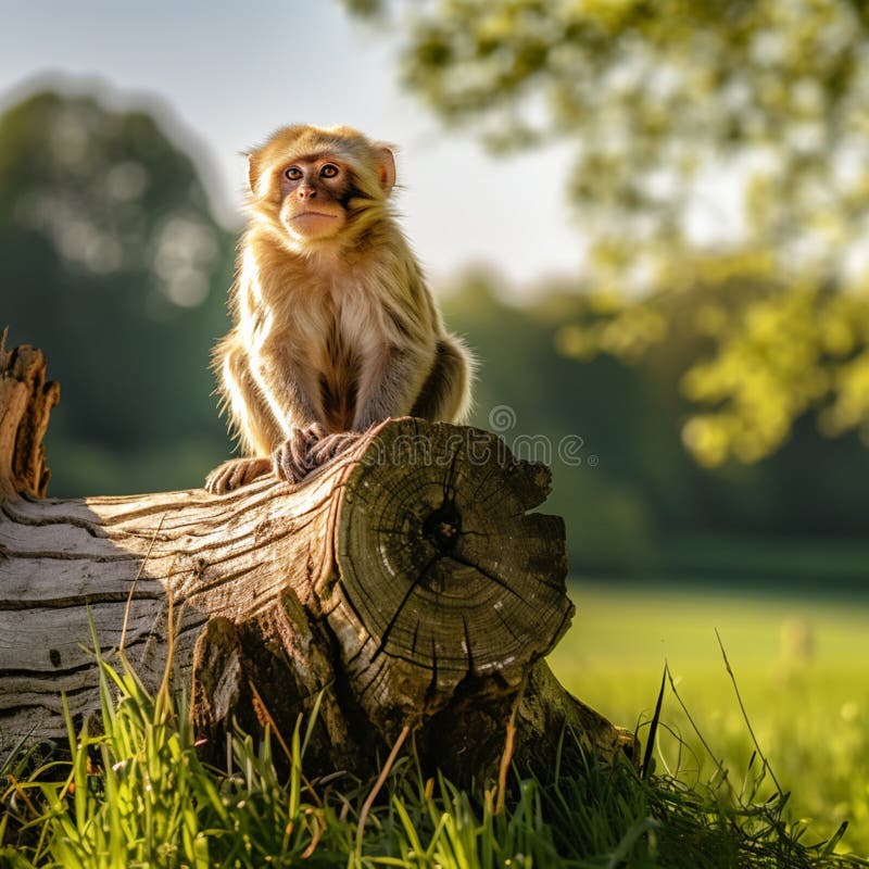 Monkey Perched on a Cut Wooden Log in a Forest with Blue and Sunny Sky ...