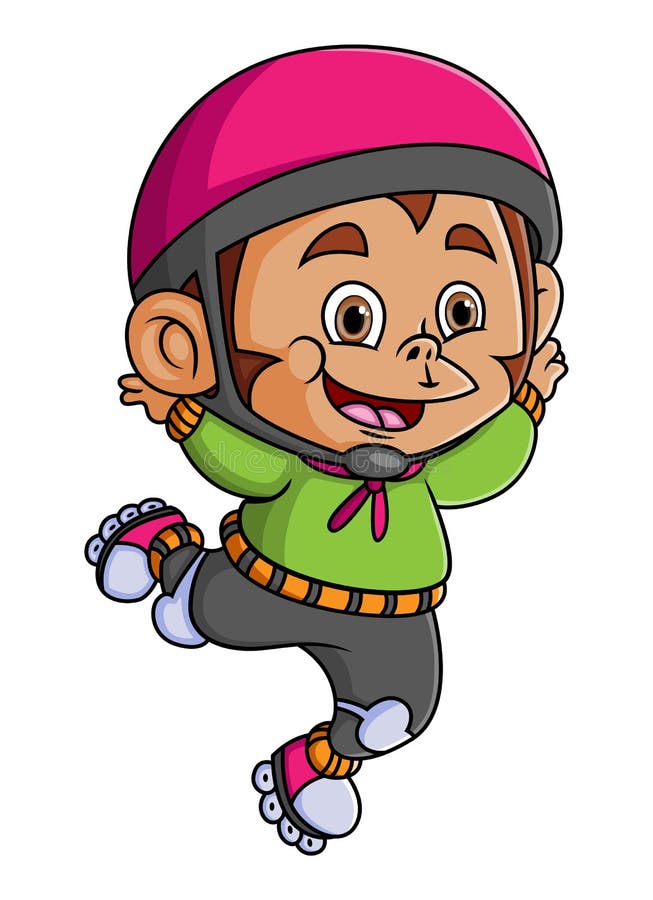 The Cute Monkey is Playing Roller Skates and Wearing Helmet Stock ...
