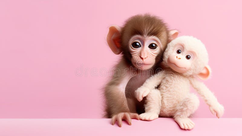 Cute Monkey with a Plush Toy on a Pink Background. Banner, Copy Space ...