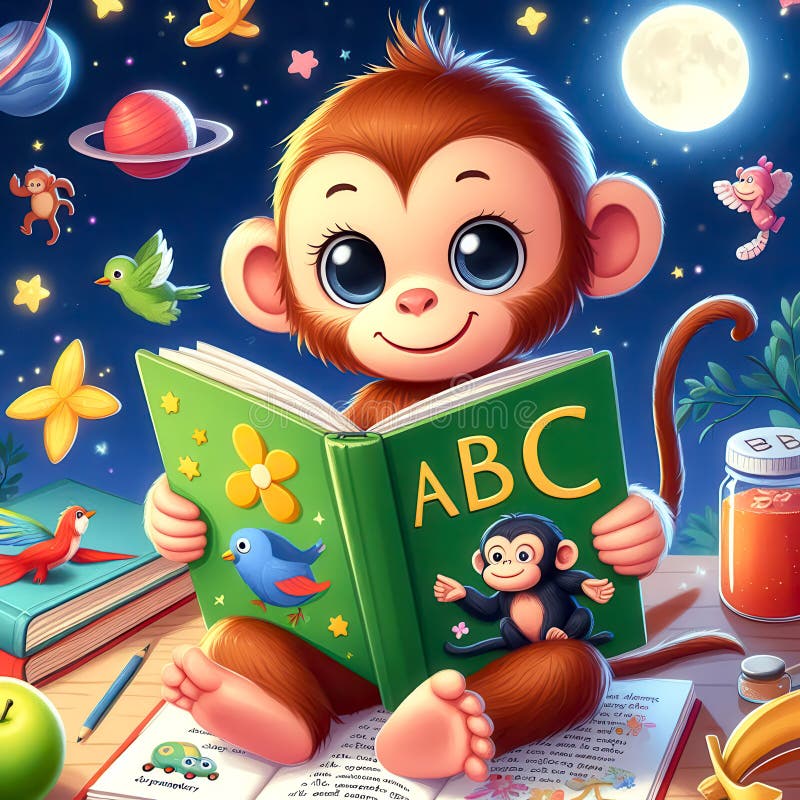 Cute Monkey Reading ABC Book Under Starry Night Sky with Whimsical ...