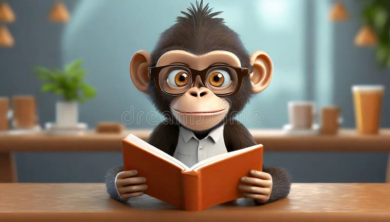 A Cute Monkey Reading a Book in a Coffeeshop Stock Illustration ...