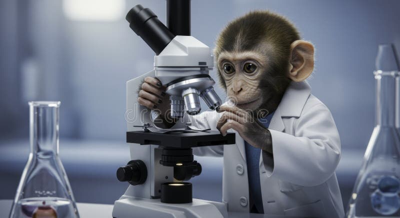 Cute Monkey Scientist Using Microscope in Lab Stock Illustration ...