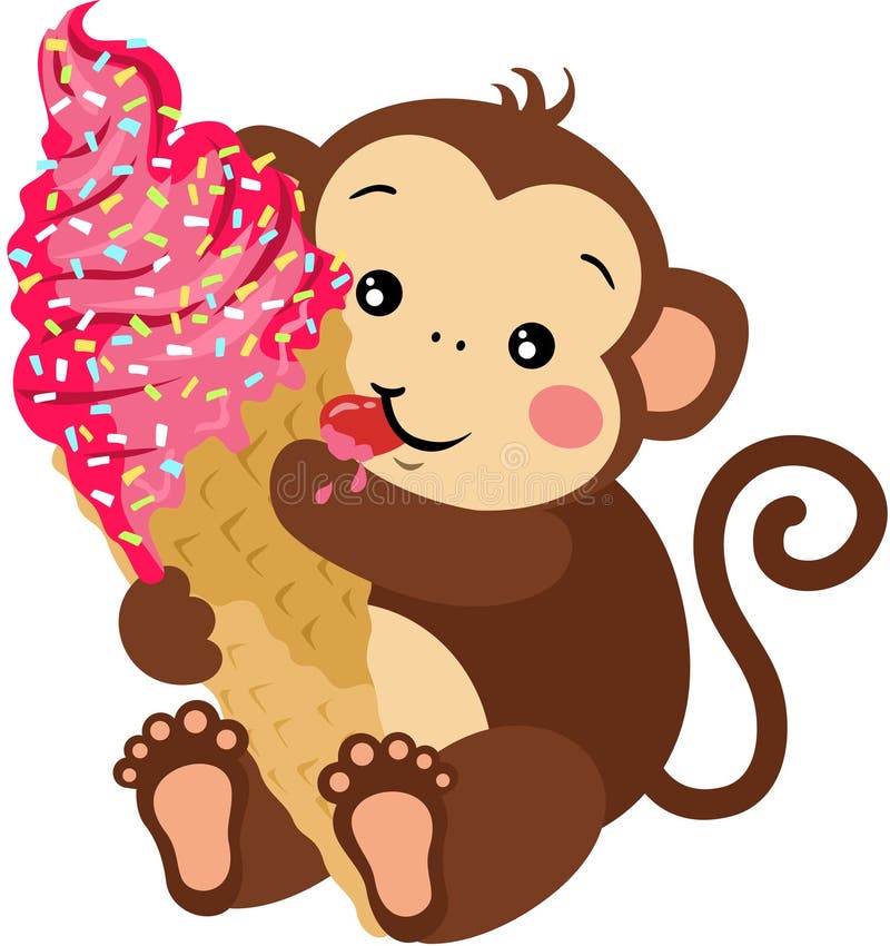 Cute Monkey Sitting Eating an Ice Cream Cone Stock Illustration ...