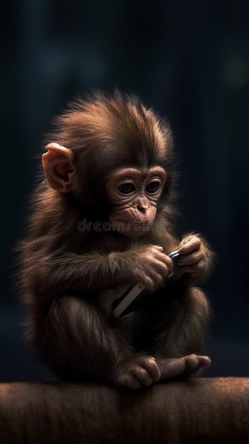 Cute Monkey Sitting and Playing Smart Phone .generative AI Stock ...