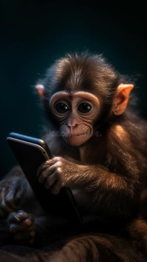 Cute Monkey Sitting and Playing Smart Phone .generative AI Stock ...