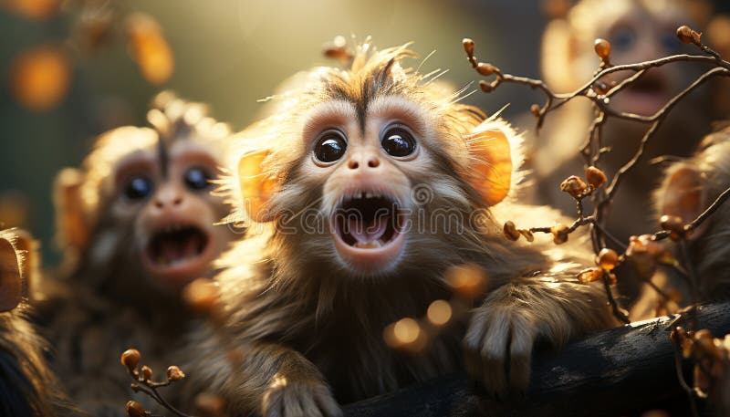 Cute Monkey Sitting in Tree, Playful and Furry Generated by AI Stock ...