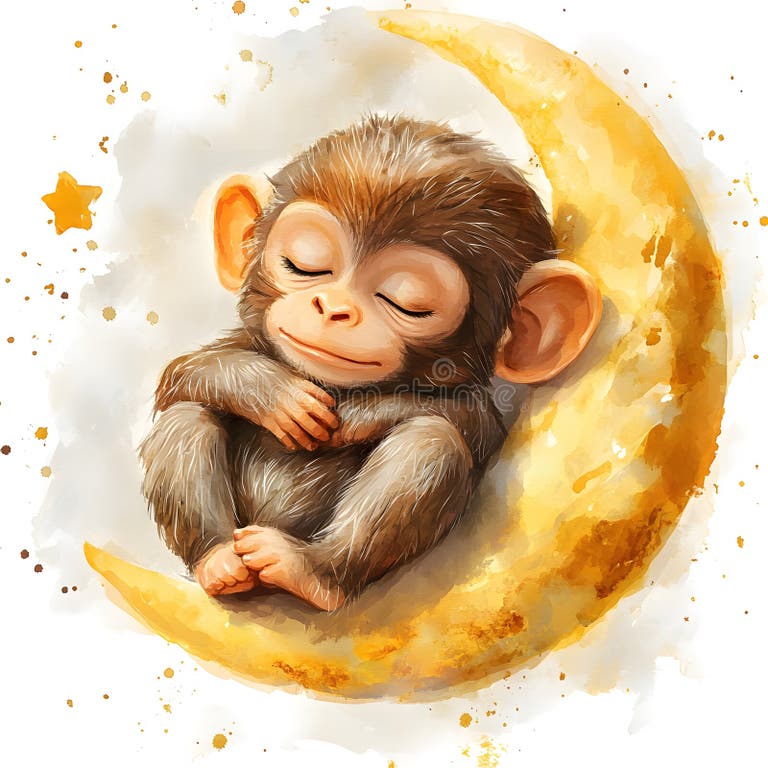 Cute Monkey Sleeping Peacefully on a Crescent Moon Under a Starry Sky ...