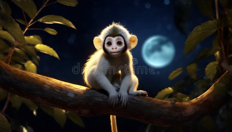Cute Monkey in a Tree at Night Stock Illustration - Illustration of ...