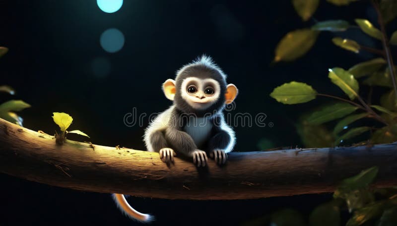 Cute Monkey in a Tree at Night Stock Illustration - Illustration of ...