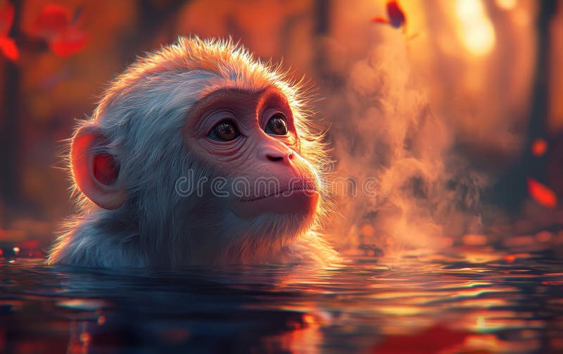 Cute Monkey in Water with Leaves Falling in the Background Stock ...