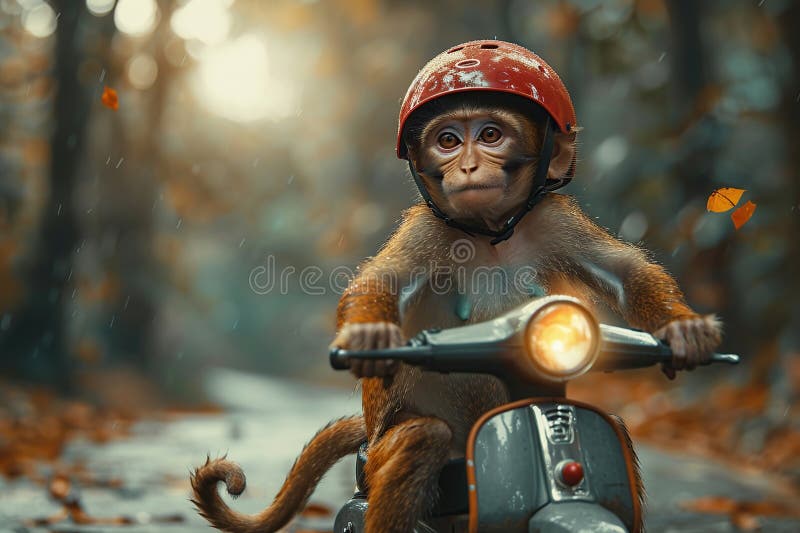 Monkey on a Scooter in the Woods Stock Illustration - Illustration of ...