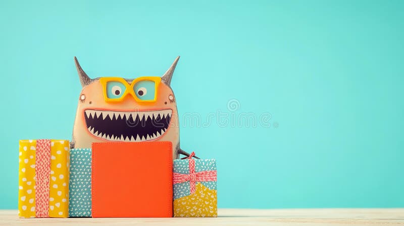 Cute Monster with Boxes of Presents, Copy Space Stock Illustration ...