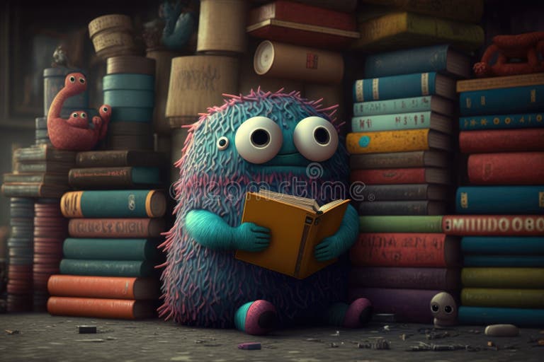 Cute Monster in Library with Stack of Books, Including One about ...
