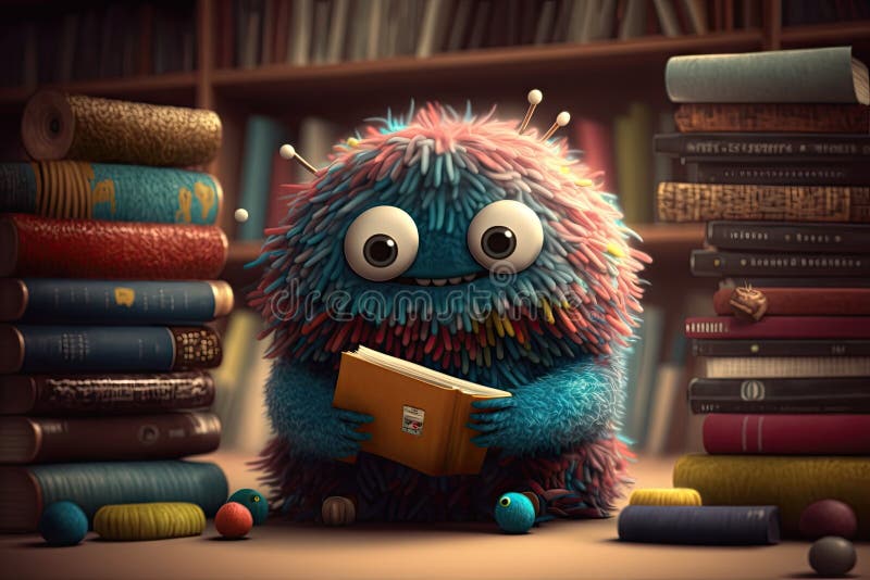 Cute Monster in Library with Stack of Books, Including One about ...