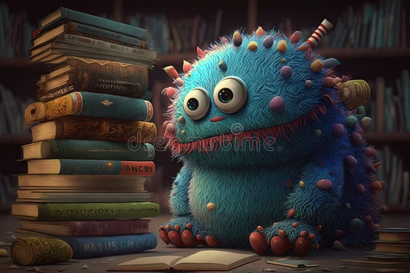Cute Monster in Library with Stack of Books, Including One about ...