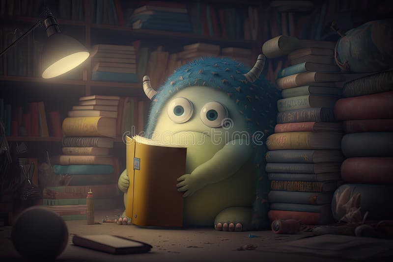 Cute Monster in Library, Surrounded by Books and Reading with ...