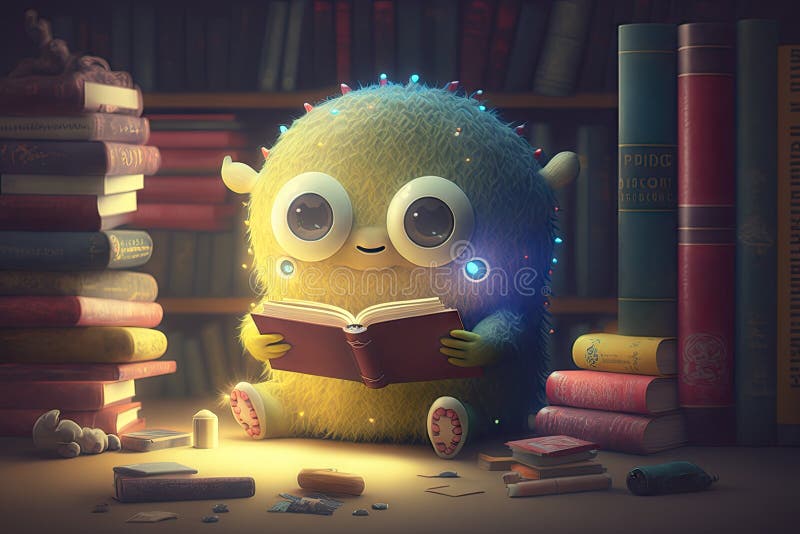 Cute Monster in Library, Surrounded by Books and Reading with ...