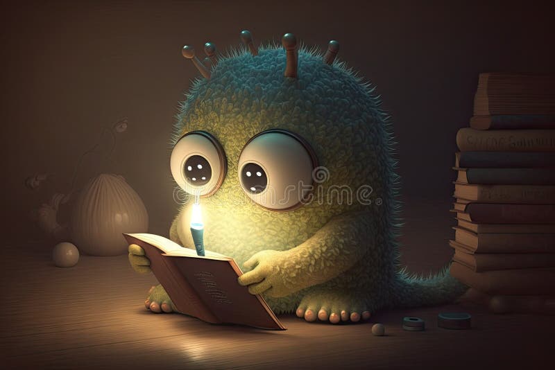 Cute Monster Reads with Flashlight, in the Dark Stock Image - Image of ...