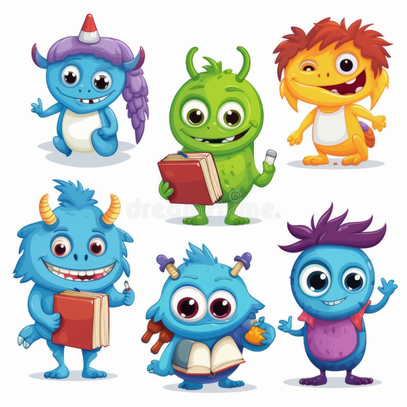 Cute Monster School Cartoon Collection, Vector Illustration Stock ...